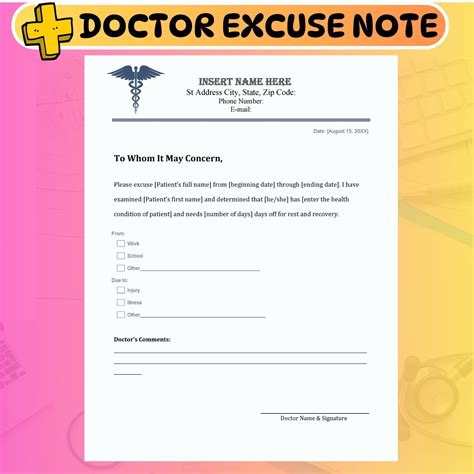 Fillable Doctors Excuse Note Template Pdf Etsy