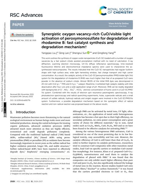 Pdf Synergistic Oxygen Vacancy Rich Cuovisible Light Activation Of Peroxymonosulfate For