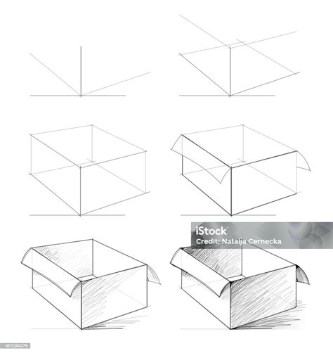 상상의 열린 상자의 스케치를 그리는 방법 단계별 연필 드로잉 생성 아티스트를 위한 교육 페이지입니다 예술적 능력을 개발하기 위한