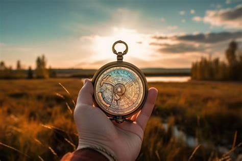 Premium Photo Beautiful Landscape With Old Compass On Travelers Hand