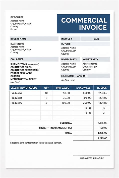 Commercial Invoice Excel Template For Export Billing