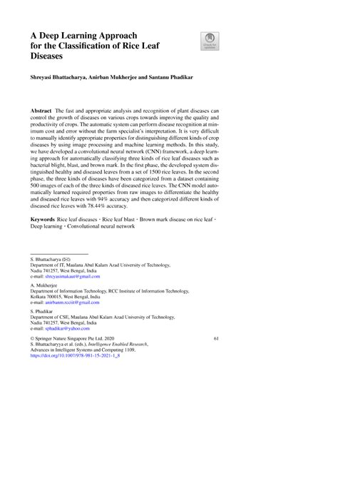 PDF A Deep Learning Approach For The Classification Of Rice Leaf Diseases