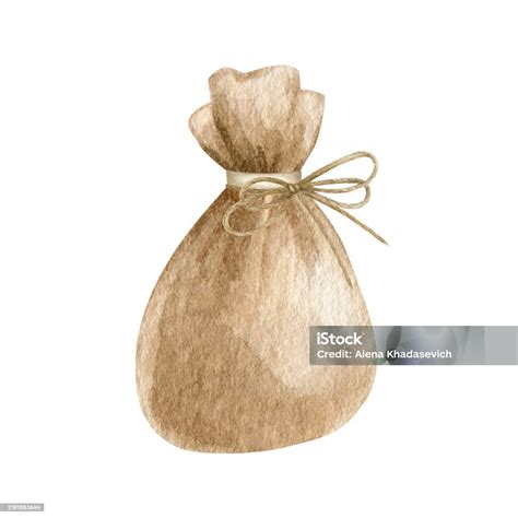 갈색 삼베로 만든 노끈이 있는 선물 자루 손으로 그린 자루에 넣기 수채화 장식 디자인 생일 인사말 카드 및 장식 구성 및 축제 포장에 대한 고립 된 그림 가방에 대한 스톡