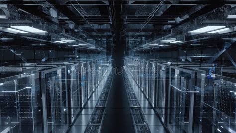Futuristic Server Room Processing Data Holographic Projections Stock