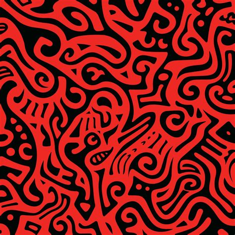 Red And Black Pattern With A Black Graphic Design In The Style Of Psychedelic Neon Squiggly
