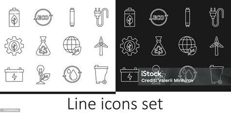 세트 라인 쓰레기통 풍력 터빈 형광등 재활용 쓰레기 봉투 잎 식물 기어 기계 에코 자연 잎 및 배터리 지구 지구본 및 에코 건강 식품 아이콘 라벨 벡터 0명에 대한 스톡