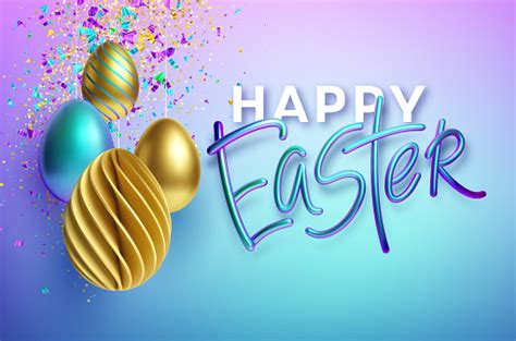 부활절 달걀의 배경에 현대 유행 황금 금속 빛나는 타이포그래피 해피 부활절 전단지 전단지 포스터 및 카드의 디자인을위한 3d
