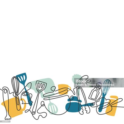 칼 붙이 라인 아트 배경입니다 다른 주방 용품의 한 라인 드로잉 벡터 요리하기 음식 준비에 대한 스톡 벡터 아트 및 기타 이미지