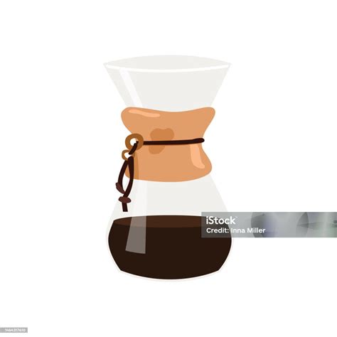 뜨거운 갓 양조한 스페셜티 커피가 있는 케멕스 유리 냄비 수제 커피메이커 위에 붓습니다 대체 커피 추출 방법 손으로 그린