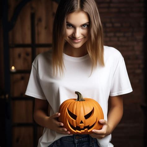 Premium Ai Image Photo Of A Girl Holding Scary Halloween Pumpkin
