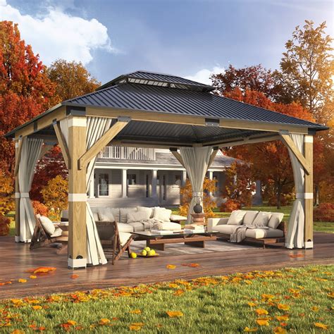Gartooo 13x15 Wooden Gazebo With Metal Top Privacy Curtains Netting Double Vented Hardtop