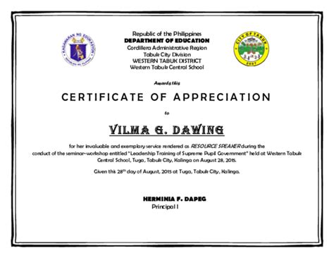 Sample Of Certificate Of Recognition For Resource Speaker Free Word Template