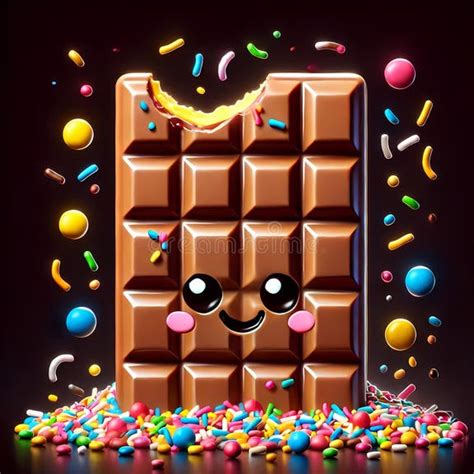 A Kawaii Chocolate Bar With A Smiling Face And A Bite Taken Out