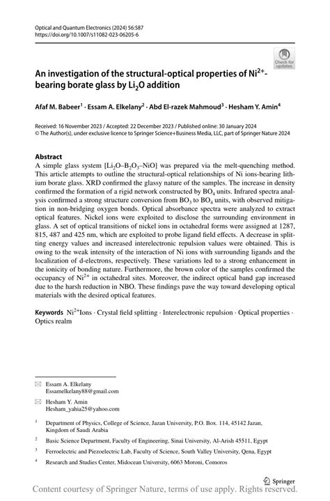 An Investigation Of The Structural Optical Properties Of Ni Bearing Borate Glass By Li2o