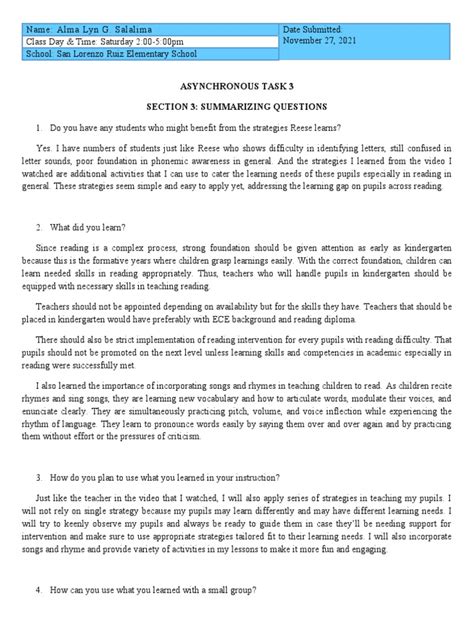 Asynchronous Task 3 Summarizing Questions Pdf Teachers Cognitive Science