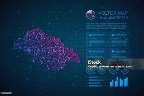 핏케언 제도 지도 인포그래픽 템플릿은 다이어그램 그래프 프리젠테이션 및 파란색 배경에 추상적인 기하학적 메쉬 다각형 조명 개념이