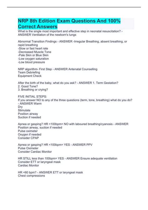 Nrp 8th Edition Exam Questions And 100 Correct Answers Neonatal Resuscitation Program Stuvia Us