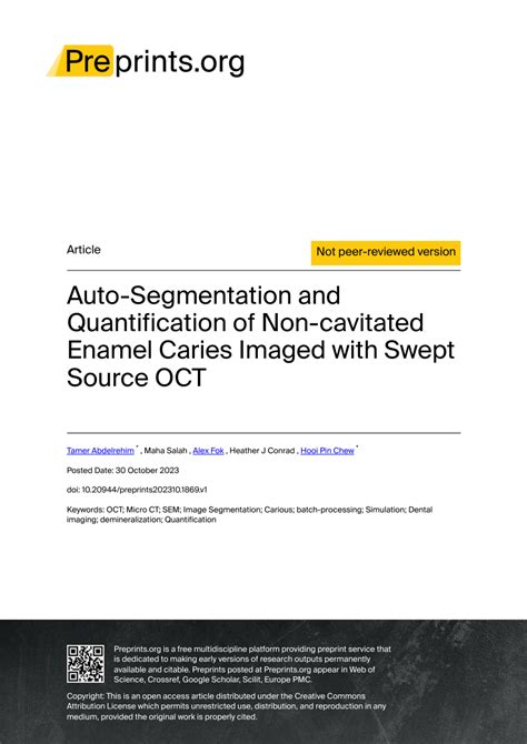 Pdf Auto Segmentation And Quantification Of Non Cavitated Enamel Caries Imaged With Swept