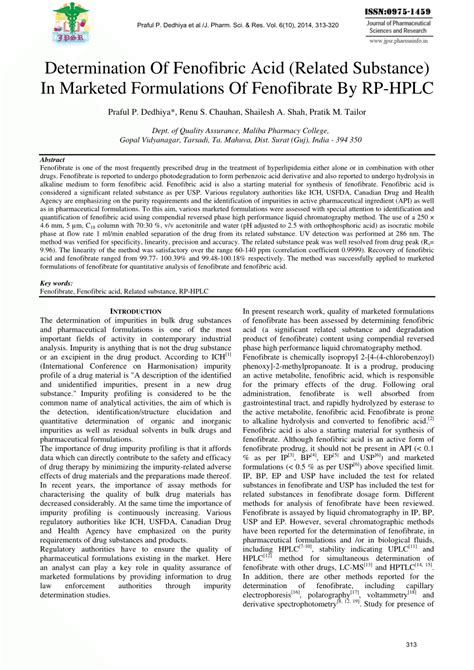 Pdf Determination Of Fenofibric Acid Related Substance In Marketed Formulations Of