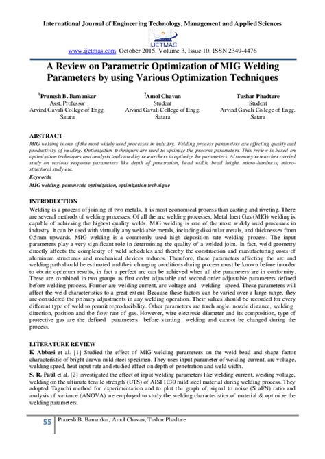 Pdf A Review On Parametric Optimization Of Mig Welding Parameters By Using Various