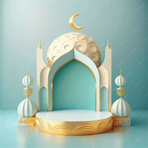3d 렌더링 일러스트레이션 디자인의 이슬람 테마 제품 디스플레이 배경 연단 또는 무대와 빈 공간이 있는 모스크 포털 프레임 프리미엄 사진