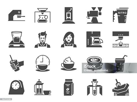 커피숍 아이콘 세트입니다 카페에 스 프레소 커피 메이커 굽는 기계 라 떼 아트 바리 스타 등으로 아이콘을 포함 바리스타에 대한 스톡 벡터 아트 및 기타 이미지 Istock