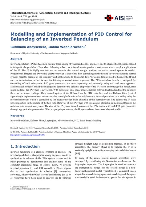 Pdf Modelling And Implementation Of Pid Control For Balancing Of An
