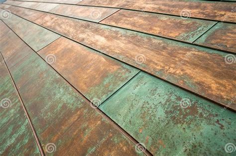 Aged Distressed Copper Metal Roof Panels With Patina Texture In Green