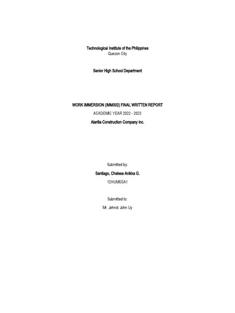 Final Written Report Cover Page Template Pdf Internship Job Hunting