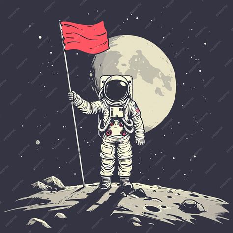 Astronaut Standing Holding Flag On Moon Illustration With Tshirt Design Premium Vector Premium