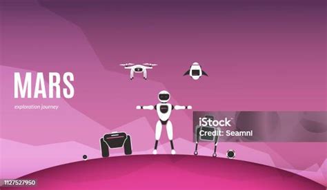현대 로봇 설정된 벡터 일러스트 레이 션 세련 된 로봇 무인 항공기 자치 차량 로켓에 행성 화성 과학에 대한 스톡 벡터 아트 및