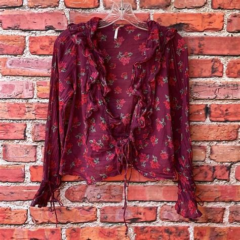 Free People Tops Maroon Free People Amanda Ruffle Floral Wrap Long