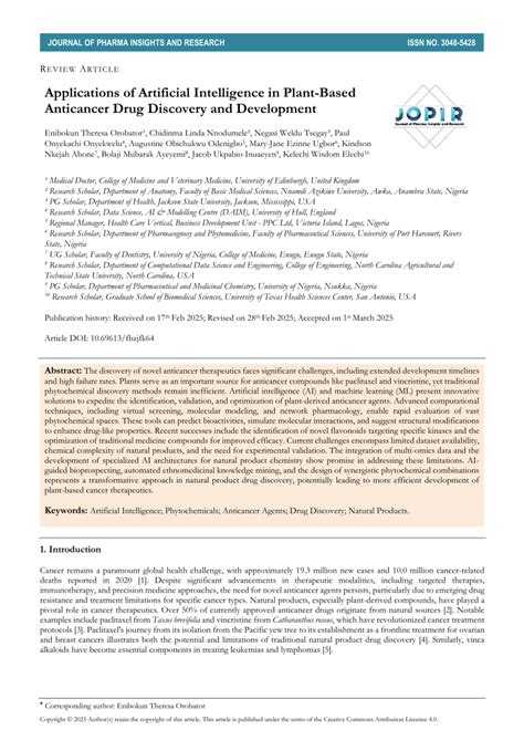 Pdf Applications Of Artificial Intelligence In Plant Based Anticancer Drug Discovery And