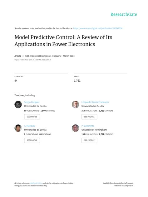 Pdf Iem 2014 Model Predictive Control A Review Of Its Applications In Power Electronics