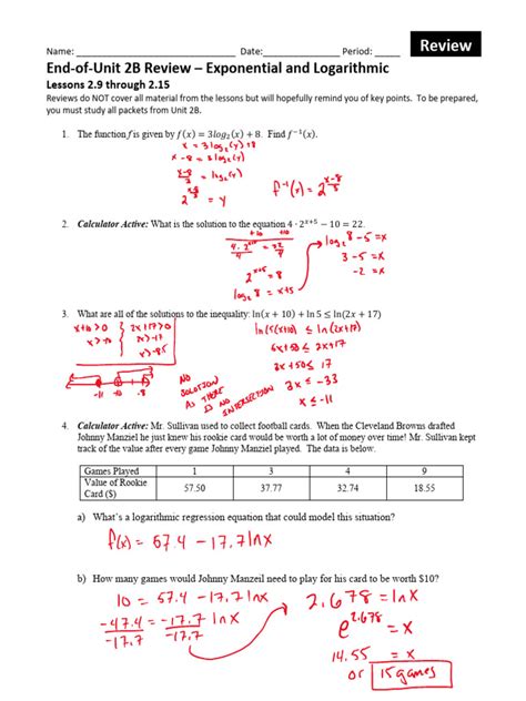Appc Unit 2b Review Solutions Pdf Logarithm Exponential Function