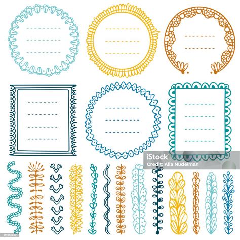 흰색 배경에 격리된 글머리 기호 일지 노트북 일기 및 플래너용 낙서 프레임 비네팅 및 구분기호 집합입니다 Bullet Journal에 대한 스톡 벡터 아트 및 기타 이미지