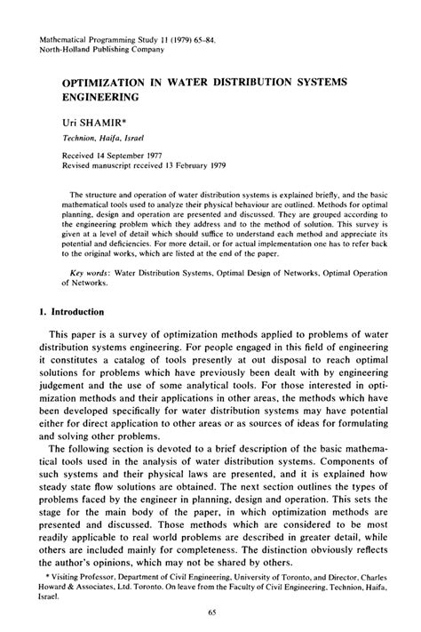 Pdf Optimization In Water Distribution System Engineering