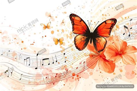 Ai创作图蝴蝶 音符 花朵 旋律 浪漫 色彩 背景 装饰 艺术 唯美 梦幻 线条 点缀 水彩 动感 昵图网