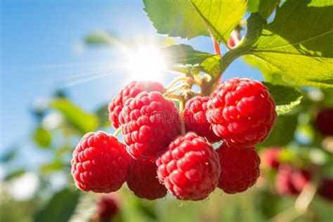 Raspberry Fruits Growing On Bush With Sunny Blue Sky With Sun In Background Stock Illustration