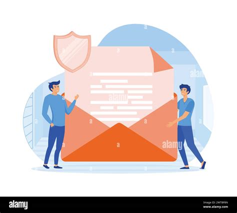 Secure Encrypted Messages Emails Two People Stand Near Big Envelope Letter With Shield Flat