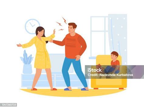 부모는 논쟁 엄마와 아빠 싸움 의자에 앉아 불행한 우울한 아이 부부 싸움 가족 문제 우는 소년과 충돌 성인 관계 위기 벡터 개념