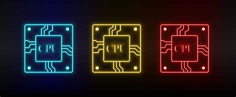Neon Icon Set Cpu Hardware Set Of Red Blue Yellow Neon Vector Icon On Transparency Dark