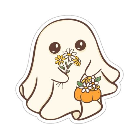Cute Halloween Ghost With Flowers Kiss Cut Stickers Cute Halloween