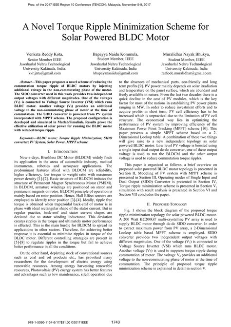 Pdf A Novel Torque Ripple Minimization Scheme For Solar Powered Bldc
