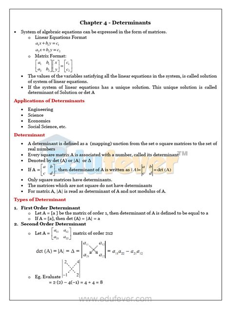 Chapter 4 Determinants Revision Notes Pdf Determinant Matrix Mathematics