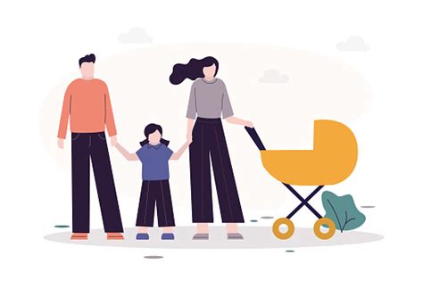 가족 초상화 아기 마차와 함께 산책에 딸과 부모 귀여운 사람들이 서 있다 어머니 아버지와 소녀 행복 아내 과 남편 와 대 부모에 대한 스톡 벡터 아트 및 기타 이미지