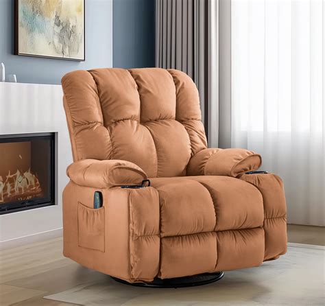 Comhoma Recliner Chair Swivel Rocker Recliner With Cup Holders Heat And Massage Fabric