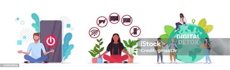 장치 없이 시간을 보내는 사람들을 설정 디지털 해독 개념 여성 남자 가제트를 포기 가공의 인물에 대한 스톡 벡터 아트 및 기타 이미지 가공의 인물 개념 개체 그룹
