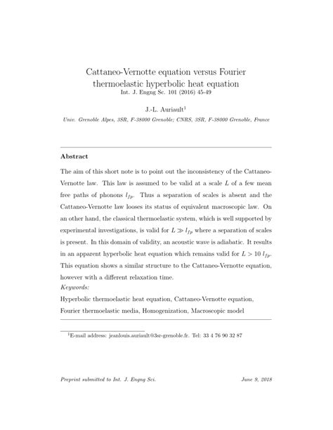 Pdf Cattaneo Vernotte Equation Versus Fourier Thermoelastic Hyperbolic Heat Equation