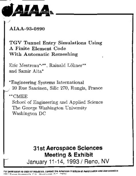 Pdf Tgv Tunnel Entry Simulations Using A Finite Element Code With Automatic Remeshing Samir